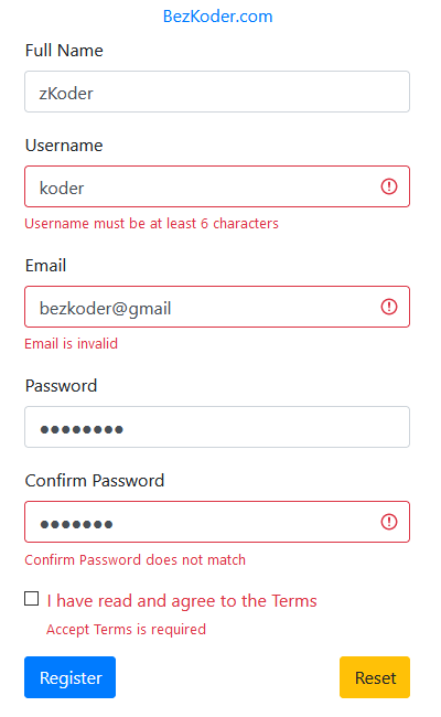 React Hook Form Validation Example React hook form 7 BezKoder